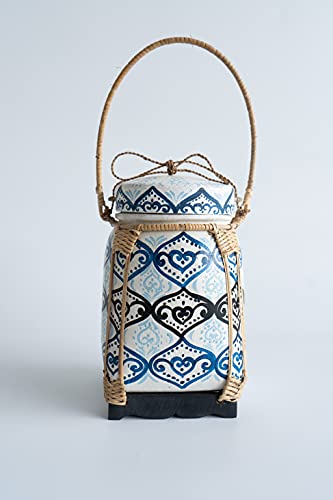 Siam Sawadee White Weaved Bamboo Rice Basket, Hand Woven Thai Rattan Jar, Handcrafted Traditional Household Wicker Container, Moroccan Pattern Painted, Handmade in Thailand, 7x12 inches