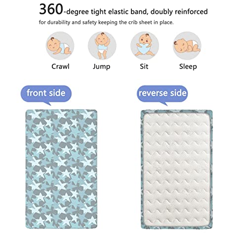 Star Themed Fitted Mini Crib Sheets,Portable Mini Crib Sheets Soft & Stretchy Fitted Crib Sheet-Crib Mattress Sheet or Toddler Bed Sheet,24β x38β,Seafoam and Baby Blue