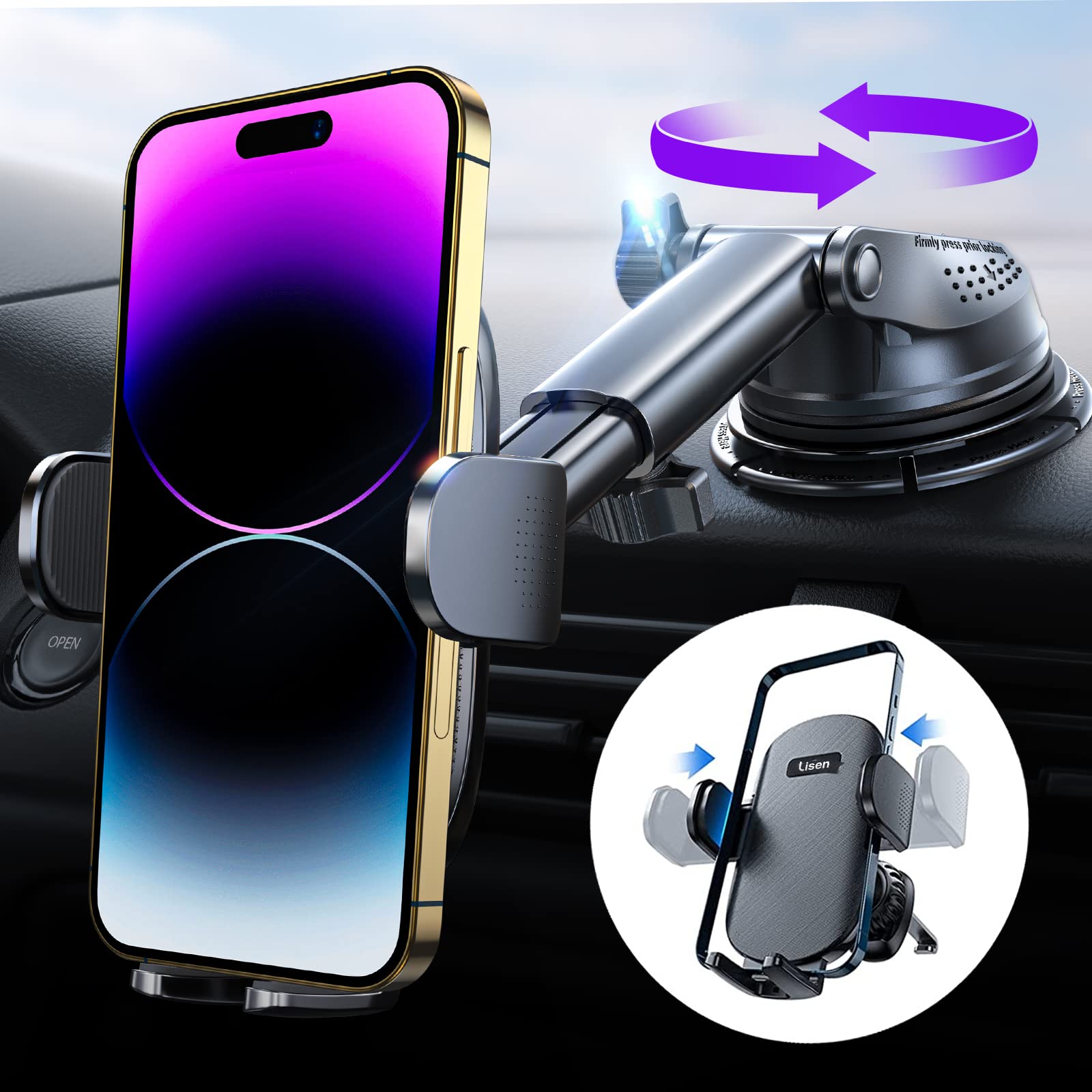 LISEN Car Phone Holder Mount, Dashboard Phone Holder for Car, [Upgrade Super Stickiness & Firmly Grip] Phone Mount for Car Universal Car Phone Holder Compatible for iPhone 14 13 Pro Max Mini Samsung