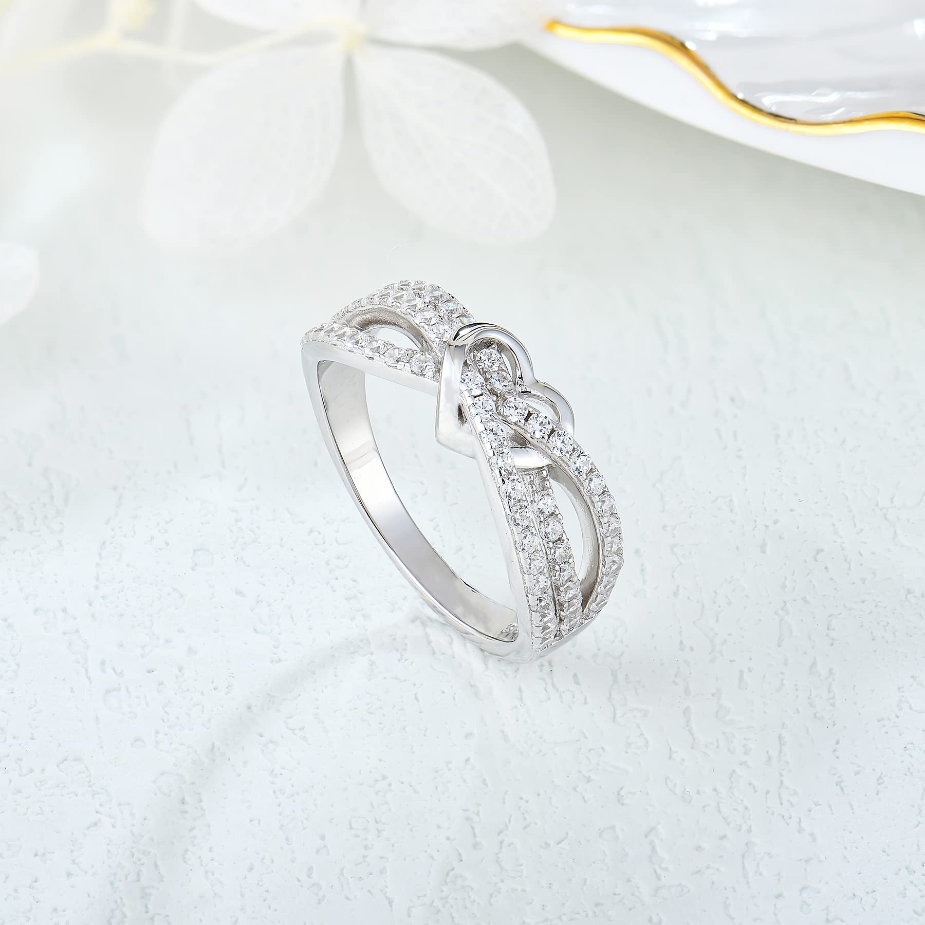 PAZEEN 925 Sterling Silver Dainty Ring Bridal Engagement Wedding Band Heart-shaped Cross Statement Ring with Cubic zirconia Promise Ring for Her size6