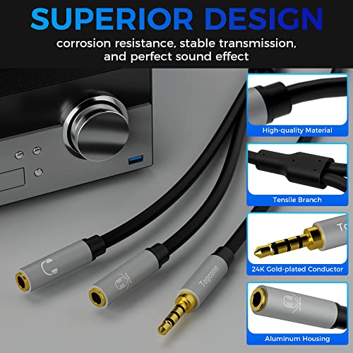Togconn Headphone Splitter 3.5mm AUX Audio Stereo Y Adapter, 3.5mm TRRS Male to Dual 3.5mm Female Headphone Jack, Compatible with Smartphone, Samsung, Tablet, Laptop, PS4(2 Pack)