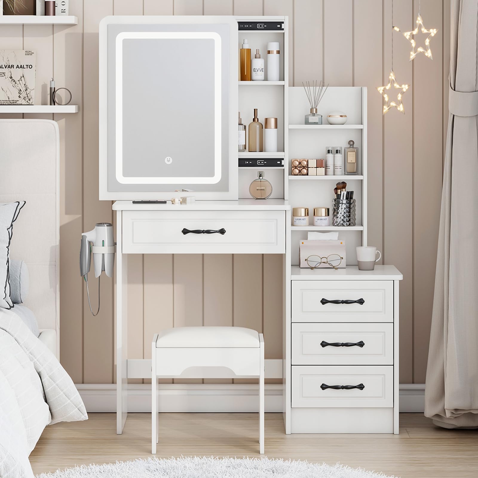 VanAcc Makeup Vanity Desk with Lights & Sliding Mirror for Teenagers, 35" Wide Vanity Table with 4 Drawers and Shelves, Small Vanity Dressing Table, LED Lights Vanity Set, Stool Included, White