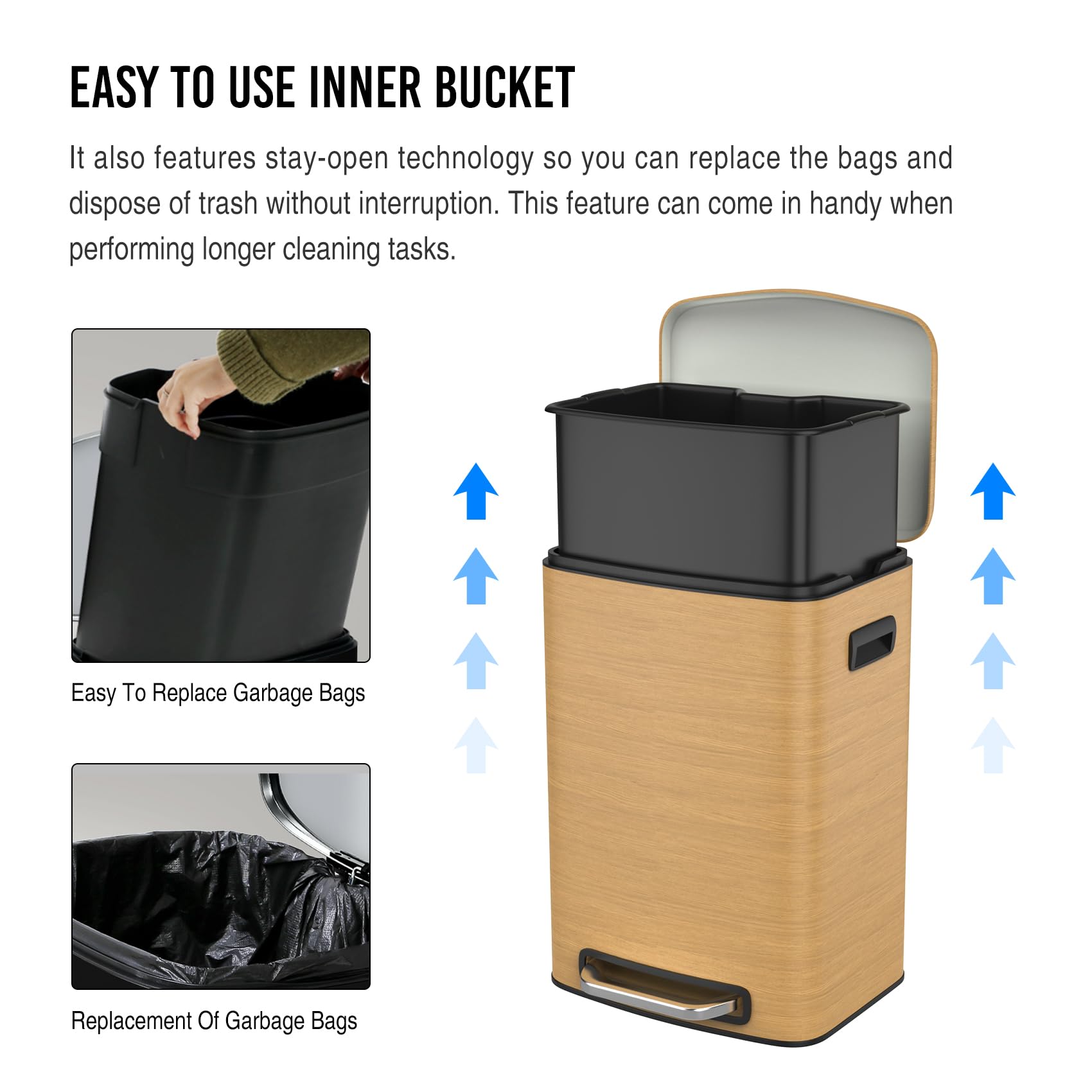 Stainless Steel Foot Pedal 13 Gallon Large Trash Can with Soft Close Quiet Lid, Stainless Steel Thickened Body Rectangular Garbage Can for Kitchen, Commercial, Home, Office Garbage Can - Wood Color