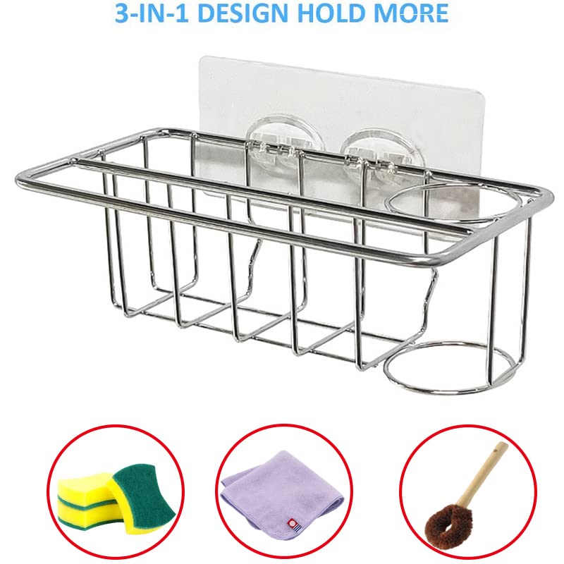 Sink Caddy Organizer 3 in 1 Adhesive Sink Caddy Sponge Holder for Brush Sponge Dishcloth Storage Stainless Steel Basket (3 in 1 Adhesive Holder)