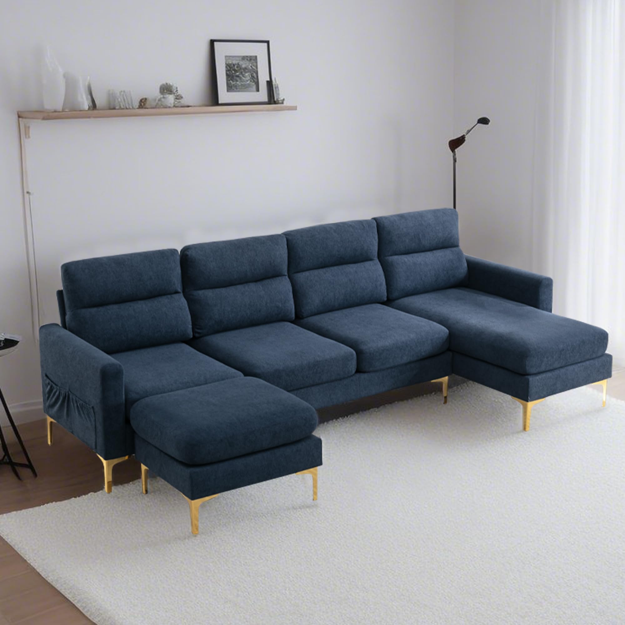 URRED Sectional Sofa Couch, 4 Seat U-Shaped Sofa Set for Living Room,Velvet Fabric Convertible Modular Sofa Sleeper with Double Chaise/Oversized Seats/Comfortable Backrest, Blue