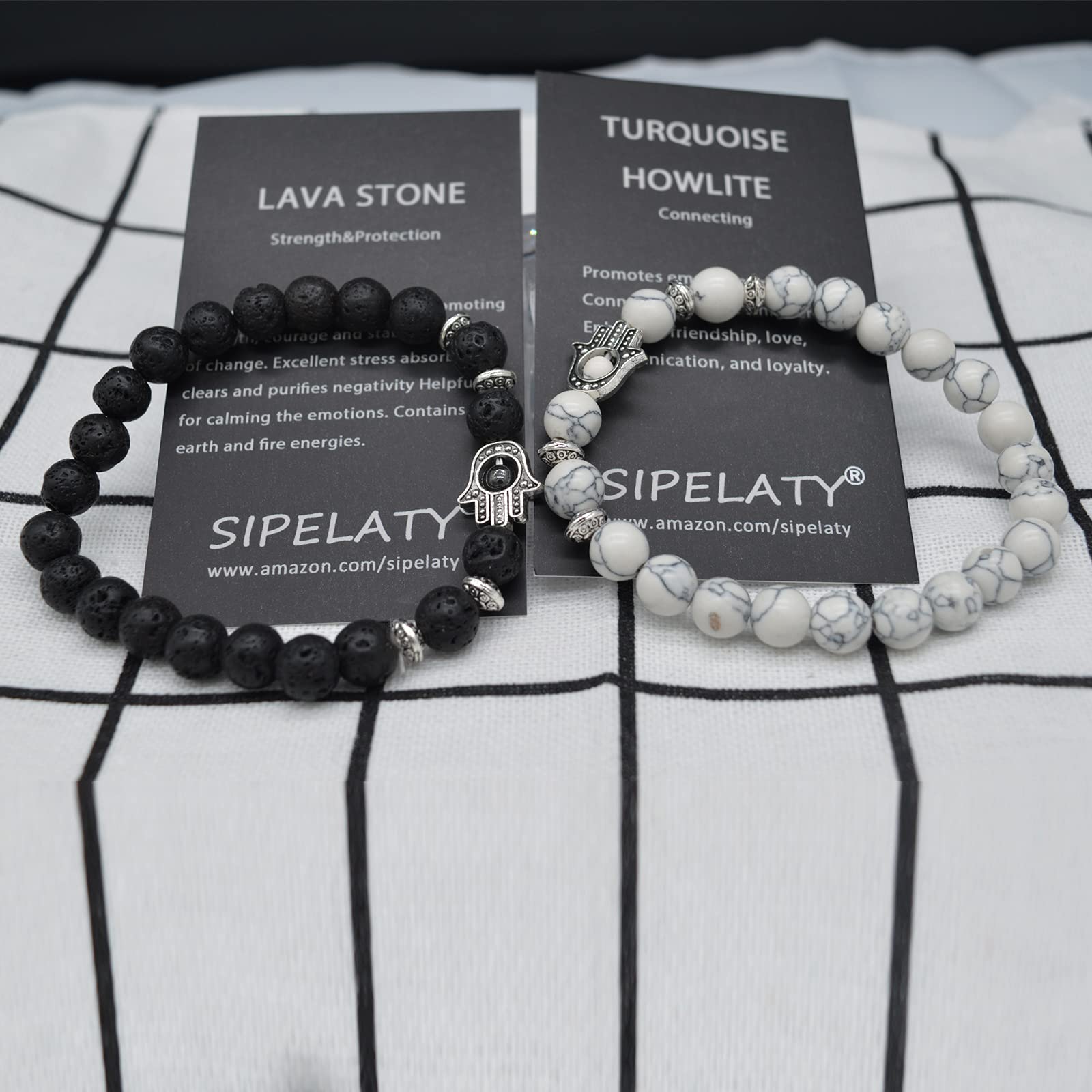 KIKILA 2Pcs Set Handmade Elastic 6mm Beads Hamsa Bracelet Natural Stone Evil Eye Hamsa Fatima Hand Charm Beaded Couples Bracelets Kabbalah Bracelet (Howlite +Lava)