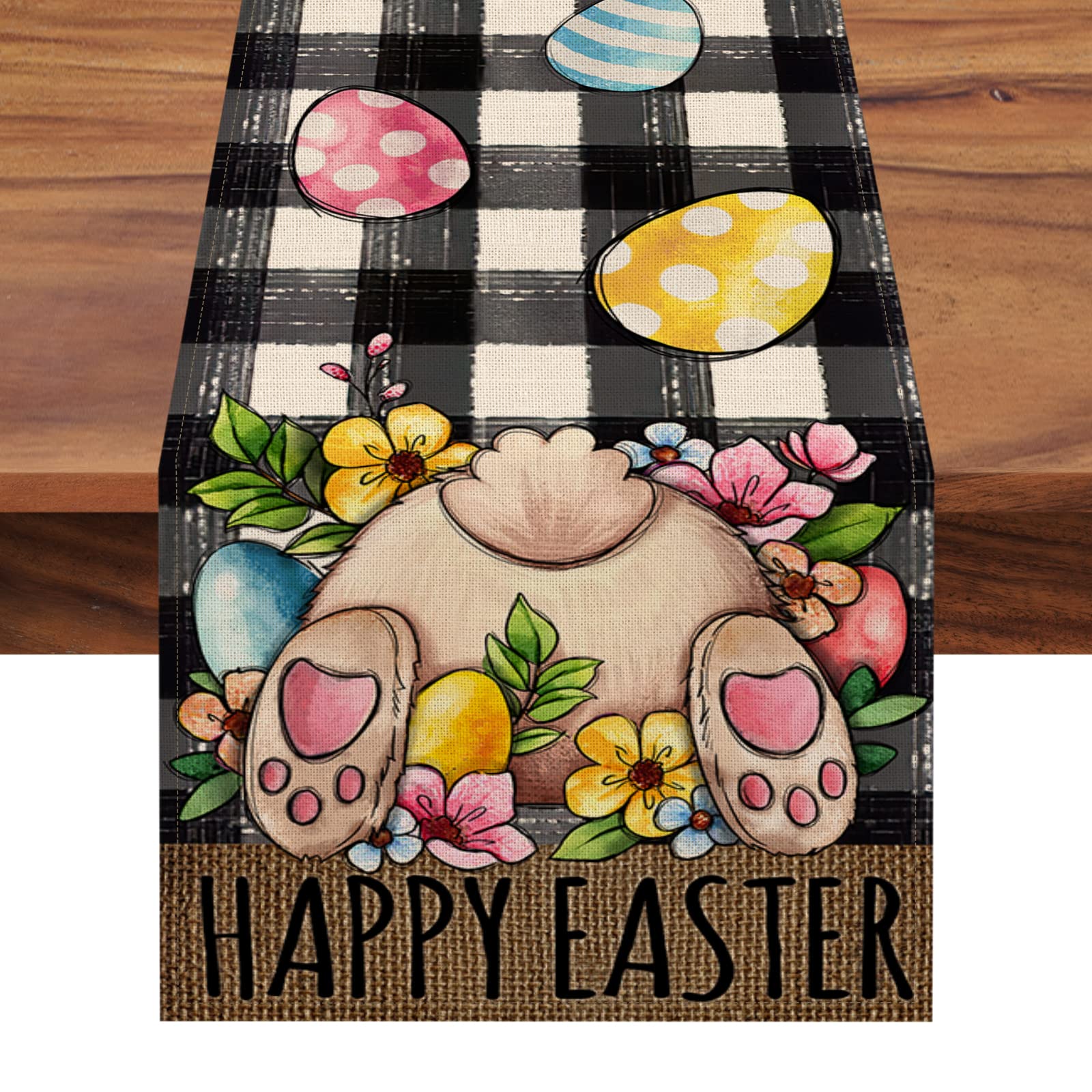 Seliem Happy Easter Bunny Rabbit Table Runner, Eggs Black Buffalo Plaid Check Kitchen Dining Table Decor, Flowers Spring Burlap Home Decoration Indoor Outdoor Holiday Party Supply 13 x 72 Inches