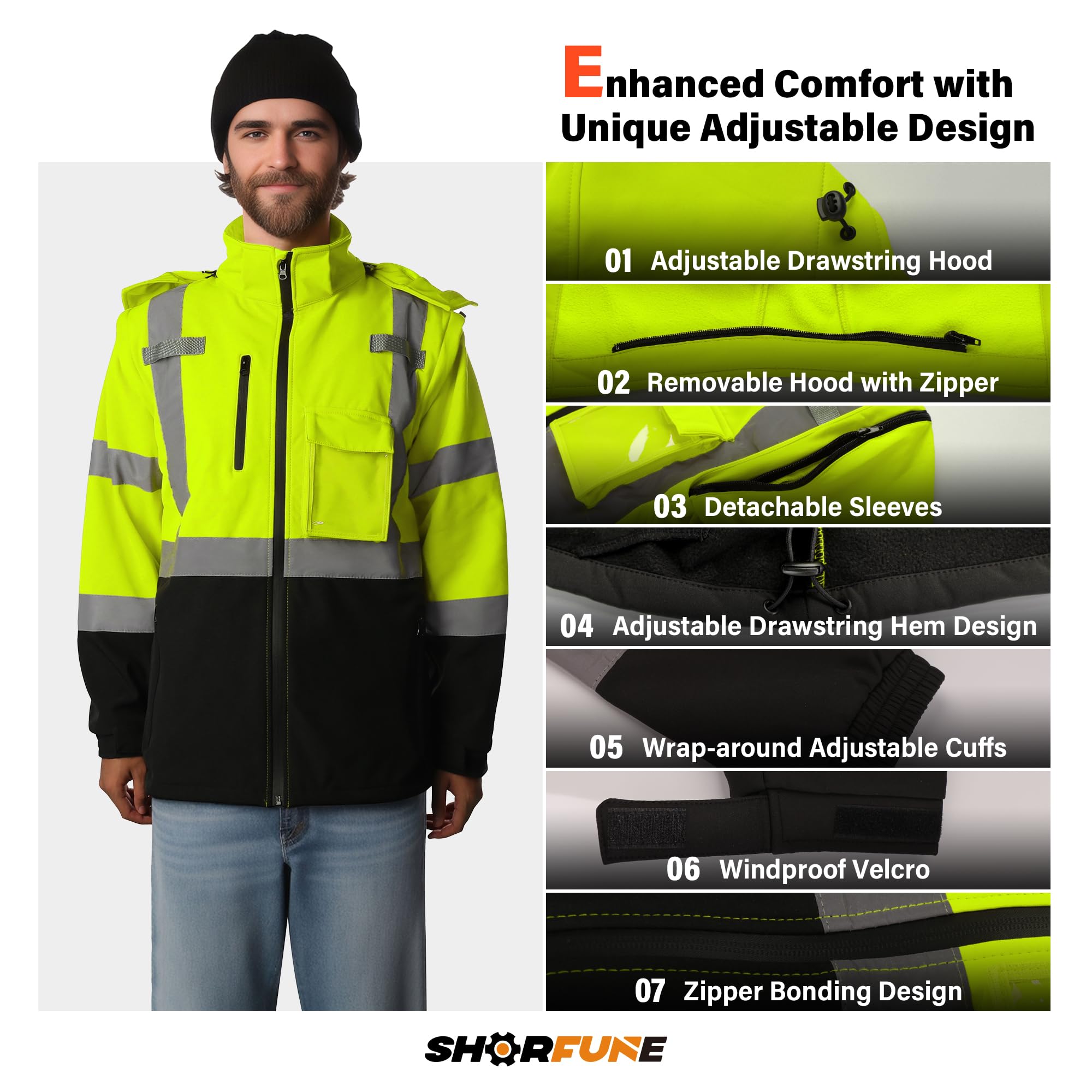 SHORFUNE High Visibility Softshell Waterproof Safety Jacket for Women, Class 3 Reflective Work Jackets with Pockets, Detachable Hood and Sleeves &Black Bottom, L, Yellow