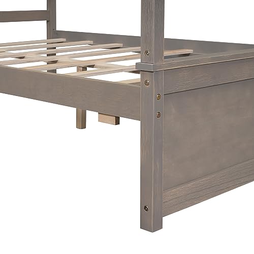 SIYSNKSI Modern Full Size Canopy Platform Bed with 2 Drawers, Wood Canopy Platform Bed with Support Slat, 4-Post Canopy Platform Bed Frame for Kids Teens Adult (Brushed Light Brown-2 Drawers)