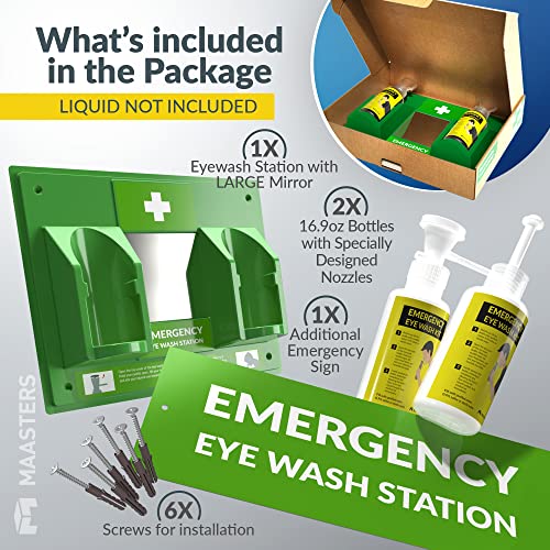 MAASTERS BPA Free Portable Eye Wash Station OSHA Approved - Wall-Mounted First Aid Eye Wash Kit w/Mirror & 2X 16oz Empty Bottles - No Eye Wash Solution Included - Emergency Eyewash - Set of 1
