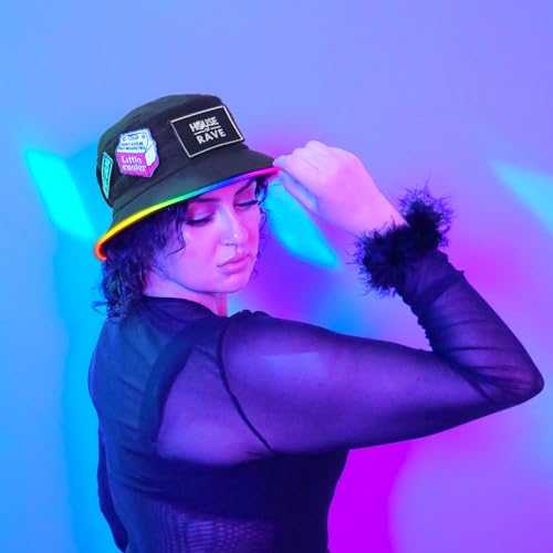 Secret Patch Pocket LED Bucket Hat - Customizable Rave Bucket Hat for Men, Women - Multicolor LED Bucket Hat - Velcro Compatible Patch Bucket Hat
