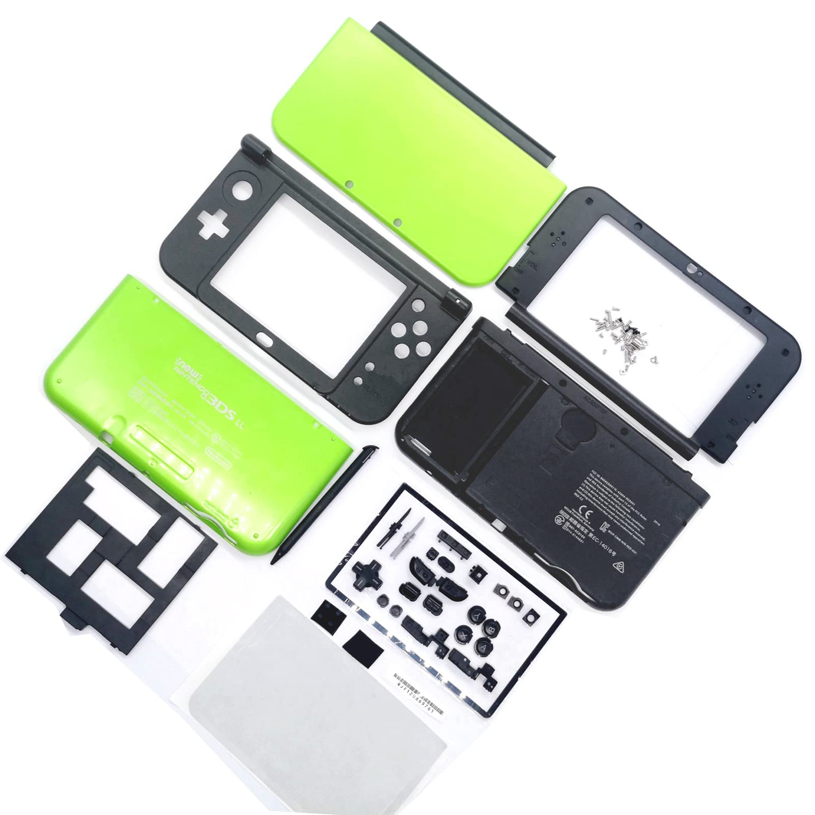 New for New3DS XL Housing Case Full Shells Green Replacement, for Nintendo New 3DS XL LL New3DSXL, Casing Cover Plates + Buttons/Screws/Stylus/Rubber Pads/Screen Protector/Plugs Set