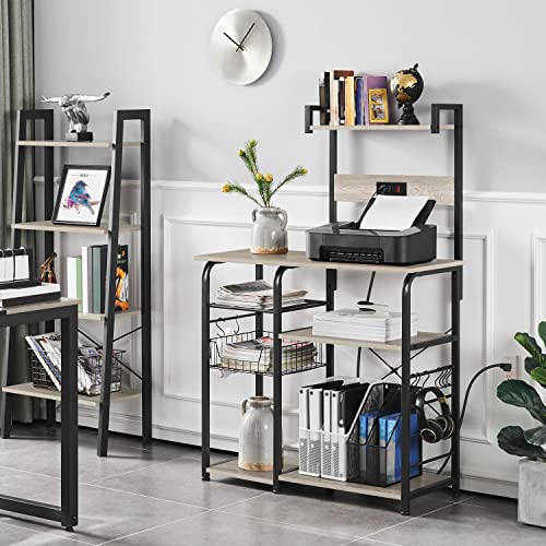 Yaheetech Bakers Rack with Power Outlet, 4-Tier Microwave Stand Cart Coffee Bar with Wire Basket and Wine Storage, Freestanding Kitchen Organizer Rack with 10 Hooks, Gray