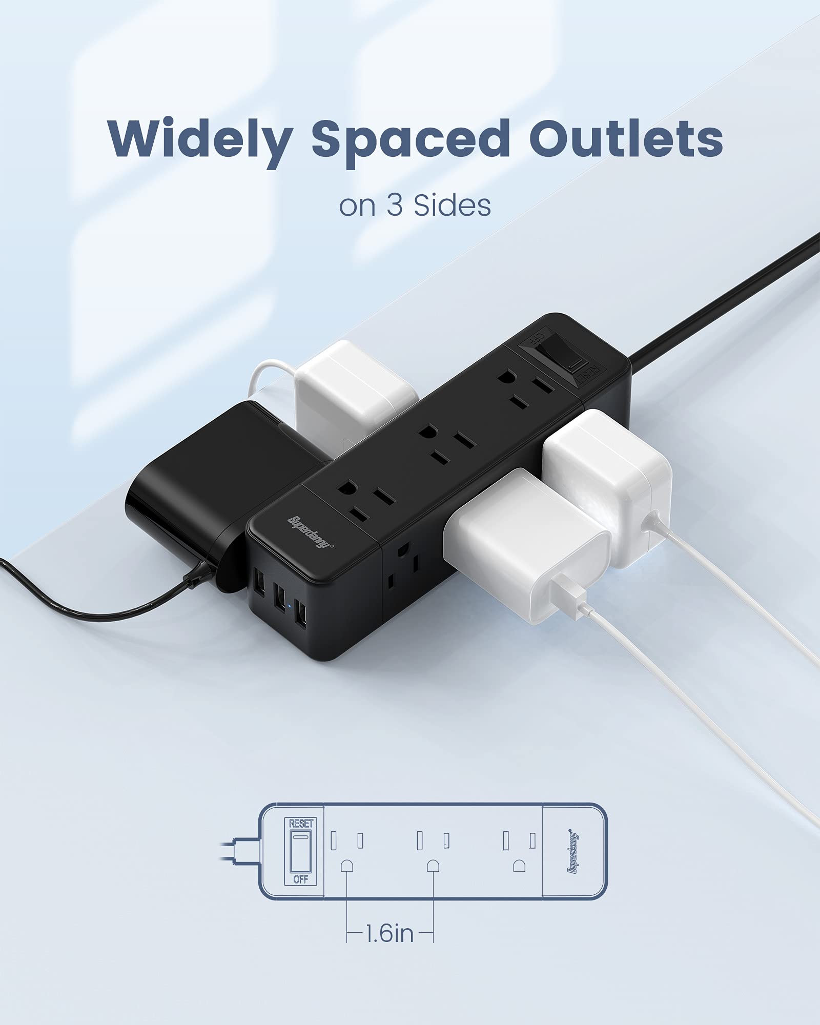 Power Strip Surge Protector, 9 Widely Spaced Outlets with 3 USB Ports, 3 Side Outlet Extender with 6.5 Ft Extension Cord, 1050 Joules, Flat Plug, Wall Mount Charging Station for Home Office Dorm Black