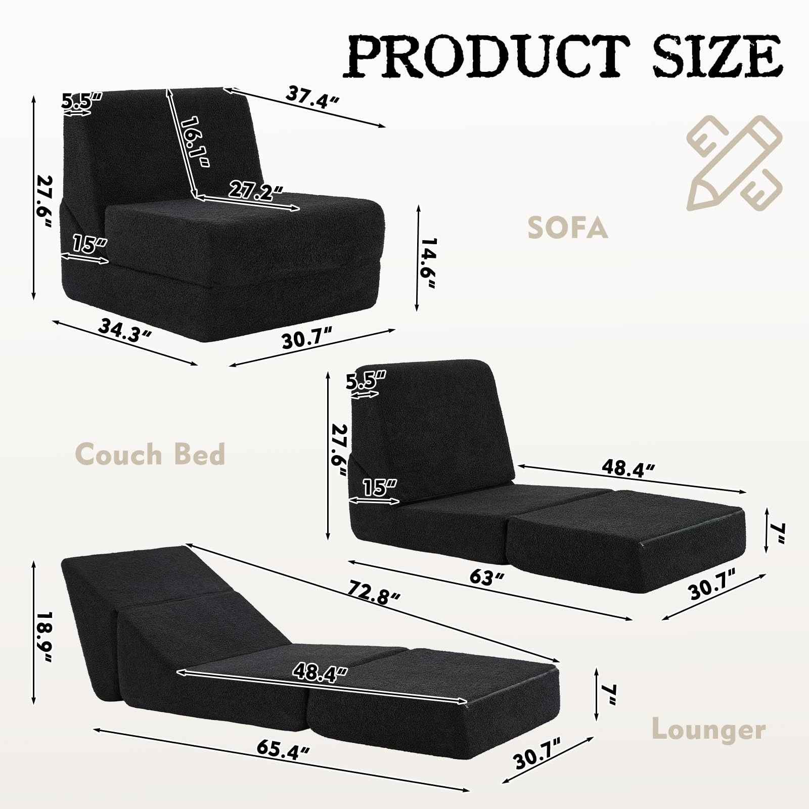 SUKIDA Folding Couch Convertible Sofa Bed Lounger Folding Sleeper Sofa Floor Lazy Sofa, High-Density Memory Foam Sleeper for Living Room Bedroom Guest Room Home Office Playroom