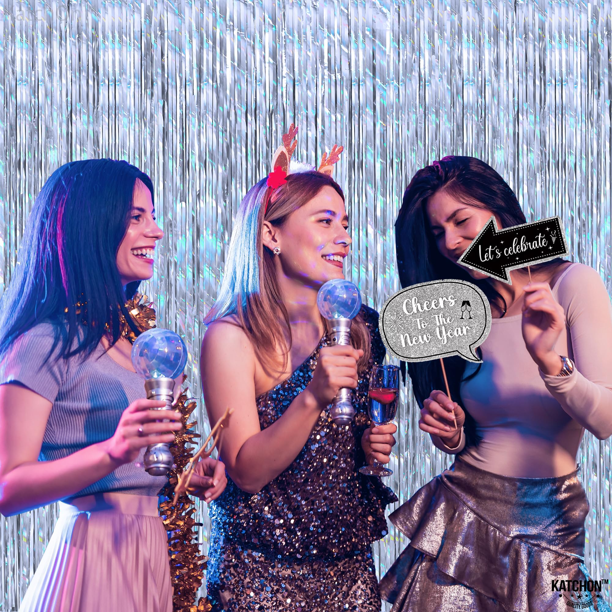 KatchOn, Holographic Silver Streamer Backdrop - XtraLarge 3.2x8 Feet, Pack of 2 | Silver Fringe Backdrop for Silver Streamers Party Decorations | Silver Tinsel Backdrop for Disco Party Decorations
