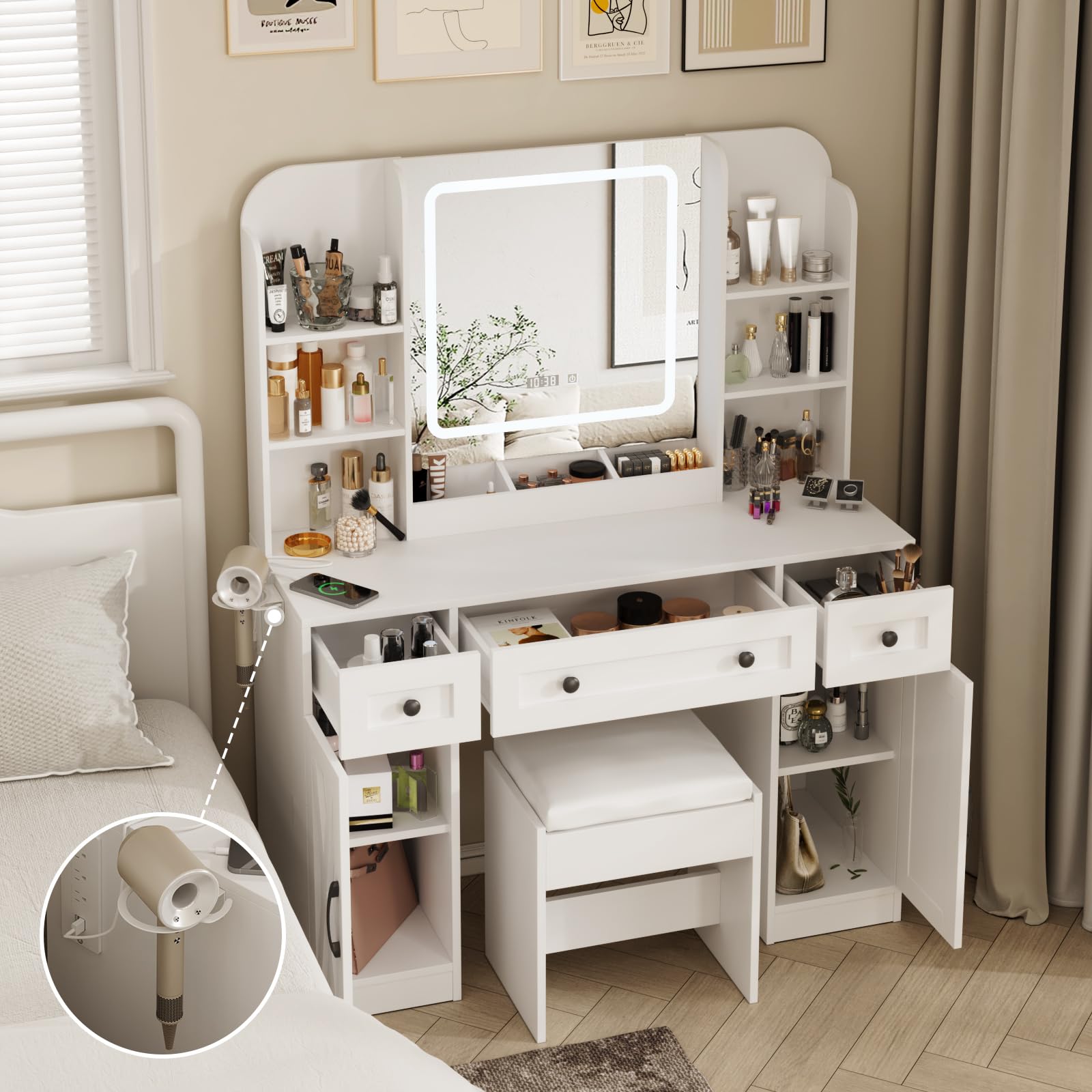 Vabches Black Vanity Desk, Vanity Mirror with Lights, Makeup Vanity Desk with Stool, Vanity Table with Large Storage Drawers and Shelves, Time and Temperature Display, 3 Led Lighting Modes Adjustable