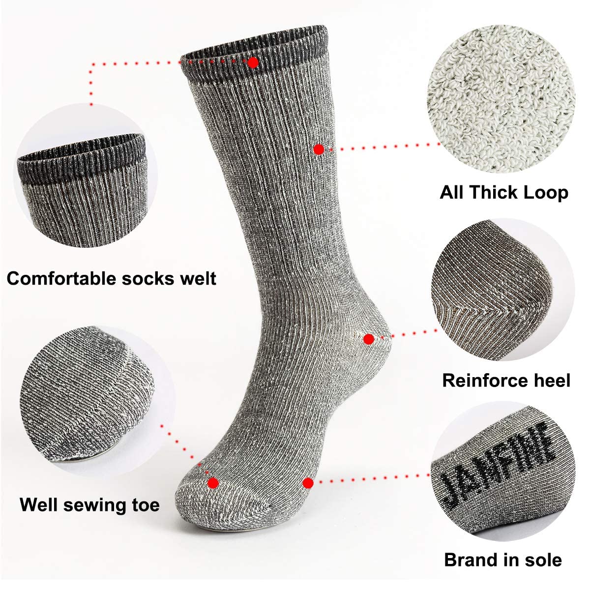 JANFINE Merino Wool Hiking Socks Thermal Warm Cushion Boot Socks for Men & Women((Dark Grey(2 pairs),US Size 9-13)