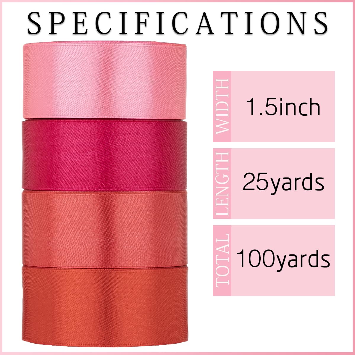 SUMERBOX Satin Ribbon 1 1/2inch, 25 Yards Satin Ribbon for Crafts, Bouquets, Bows, Gift Wrapping, Wedding Decoration, 4 Rolls Ribbons 100 Yards Total