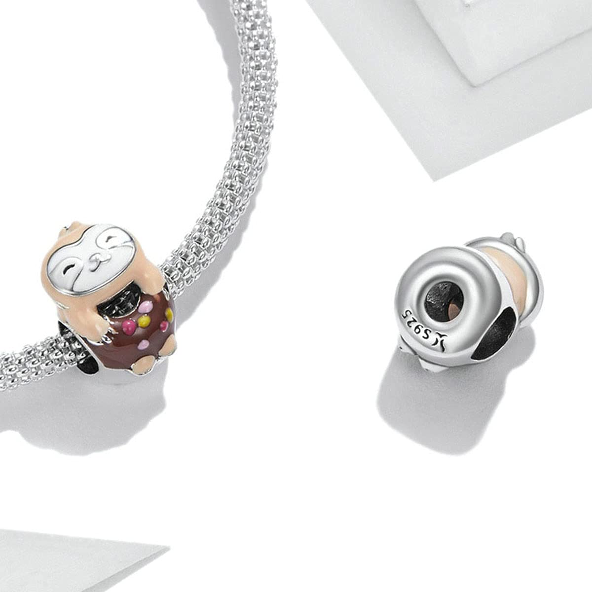 Junyi Jewelry 925 Sterling Silver Donut Charm Pig Charm Owl Charm Mouse Charm Bear Charm Bee Charm Panda Charm Cat Charm for Pandora Charm Bracelet (Sloth)