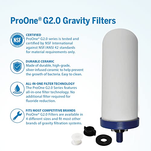 ProOne Traveler+ Stainless-Steel Gravity Water-Filter System, 2.25-Gallon Water Capacity, Countertop Water Dispenser for Home and Travel with Two 7-Inch Filter and Wire Stand