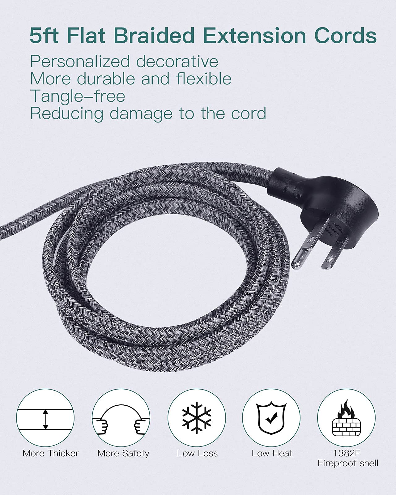 Power Strip with USB, Addtam ETL Certificate Flat Plug Extension Cord with 3 USB Ports, 3 Widely Spaced Outlets, 5 Feet Braided Cord, Desktop Small Travel Power Strip, White+ Black
