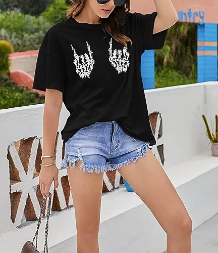 Skeleton Hand Oversized Tee Women Halloween Punk Rock Shirt Music Lover Rock N Roll Shirts Short Sleeve T Shirt Black