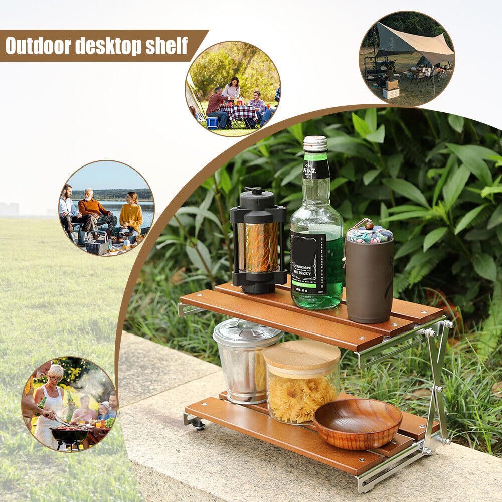 VANZAVANZU Folding Storage Rack 2-Tier Natural Wood Desktop Organizing Rack Multi-Function Indoor Outdoor Household Storage Shelf for Camping & Kitchen (yellowish brown)
