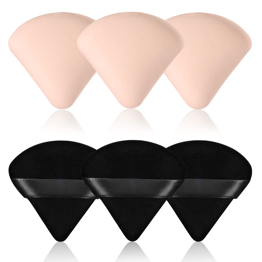 Triangle Powder Puff, 3pcs Velvet Black+3pcs Beauty Blender Makeup Sponge for Face Foundation, Triangle Design Exquisite Makeup Nose Eyes Contouring Soft Makeup Puff Set (3power puff+3blender sponge)