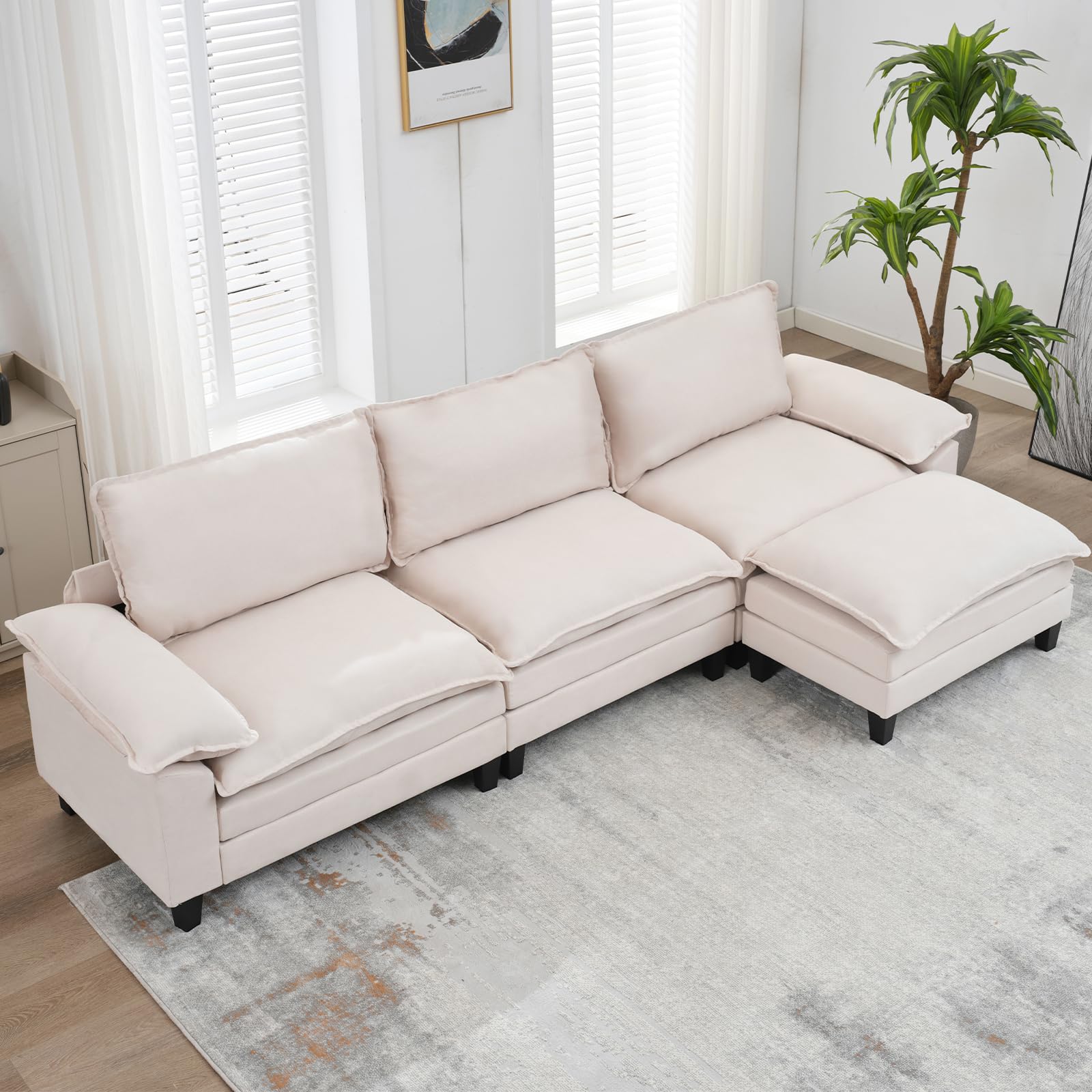 WOTSTA 118" Convertible Sectional Sofa, Cloud Couch Deep Seat Sofa, L Shap Sofa Couch with Ottoman, Modern Sectional Couches for Living Room, Apartment, Studio, Beige