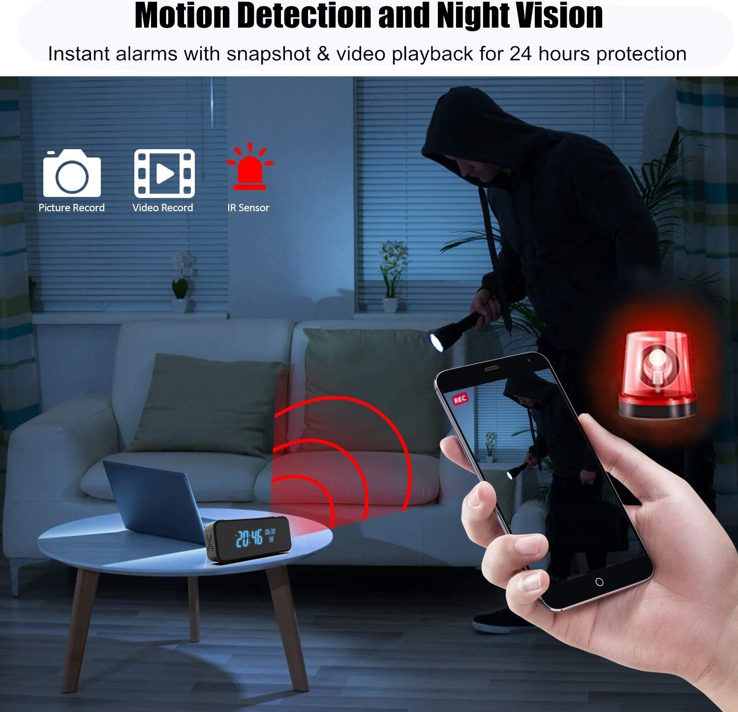 QAOLZCC WiFi-Hidden-Spy-Camera, Alarm Clock with Bluetooth Speaker 1080p/2K/4K Full HD Wireless Nanny Cam with Night Vision and Motion Detection Alarm, Security Recording with App
