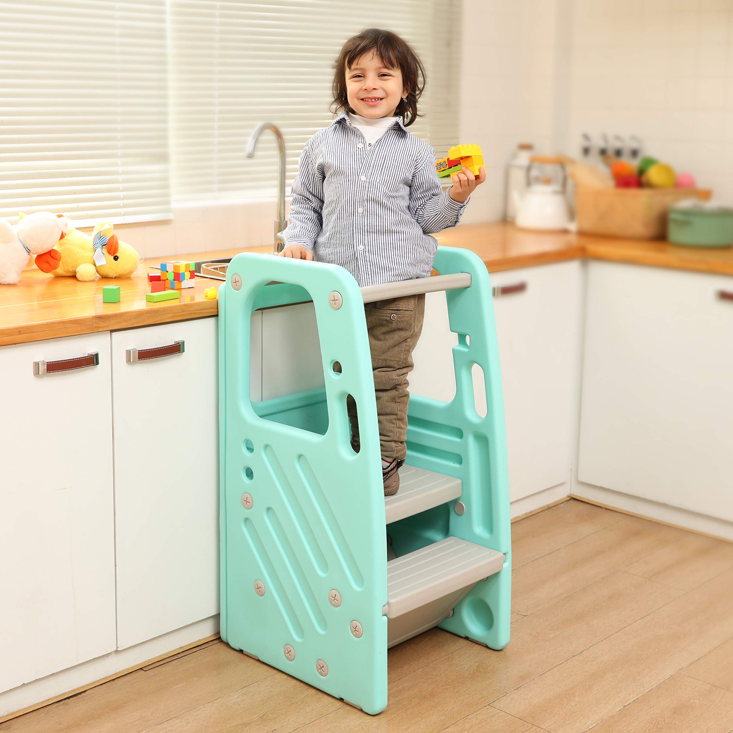 Little Helper Kitchen Step Stool - SafeStep Toddler Kitchen Stool with 3 Adjustable Height, Dual Safety Rails, Non-Slip Feet Pads (White)