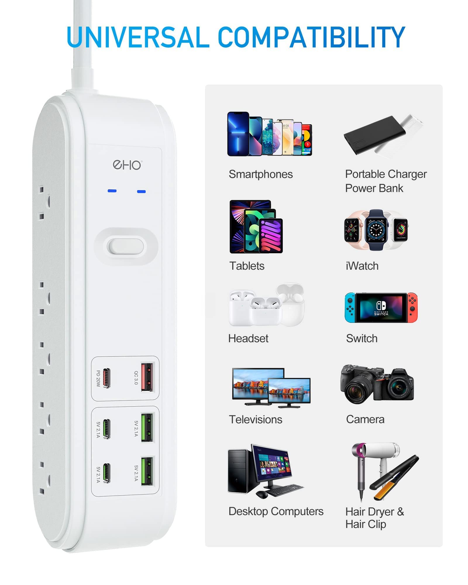 PD 20W Surge Protector, 10 Outlets and 3 USB C&3 USB A Ports, 6ft Extension Cord, Overload Protection, Desktop High-Speed Charging Station Power Bar for iPhone 14, 1875W/15A, 4500J