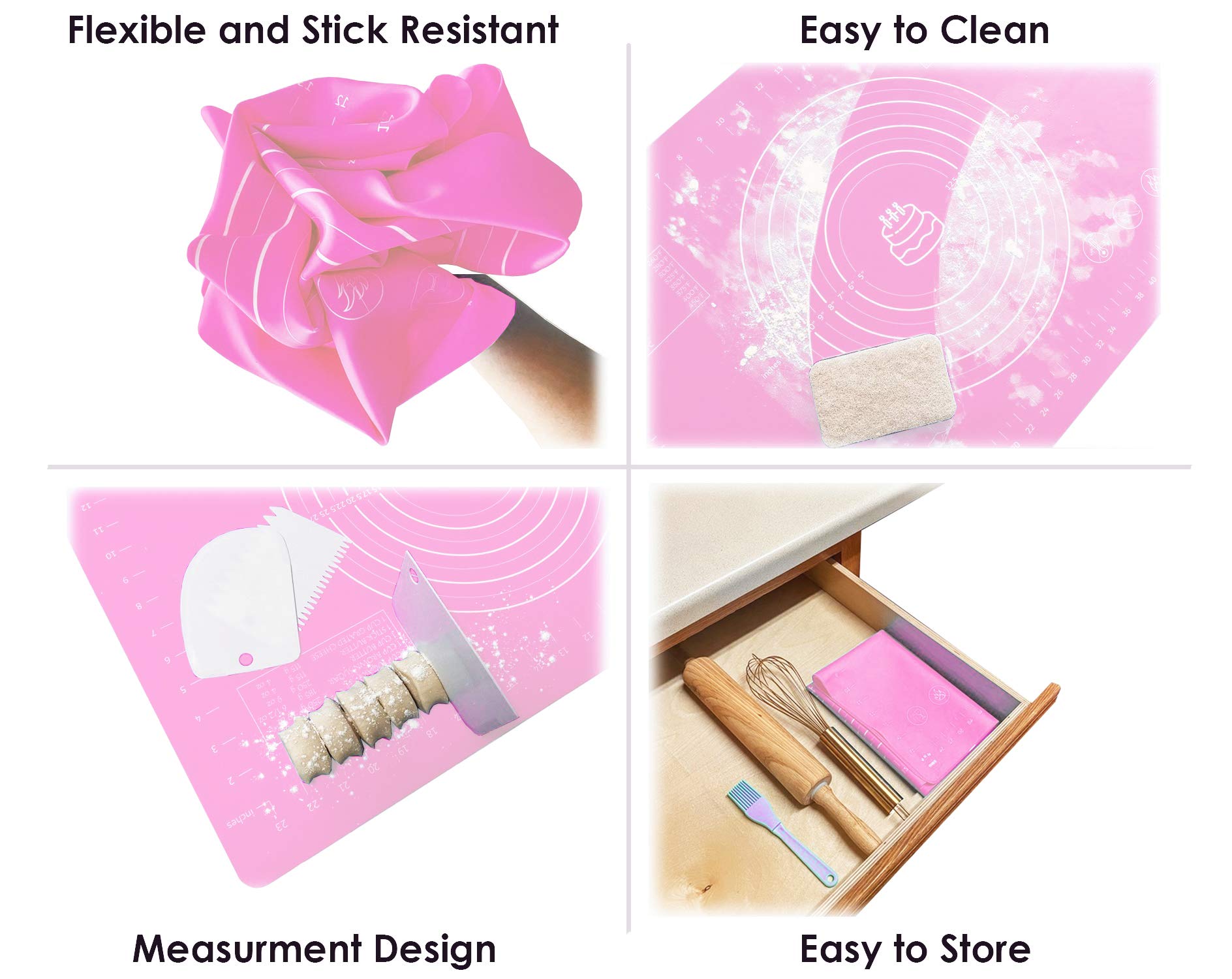 Pink Silicone Baking Mat Pastry Mat For Rolling Out Dough Pastry Pie Crust and Fondant Nonstick Thick Large 25β X 18β With Measurement, BPA Free Non stick Non Slip and Easy to Clean Reusable