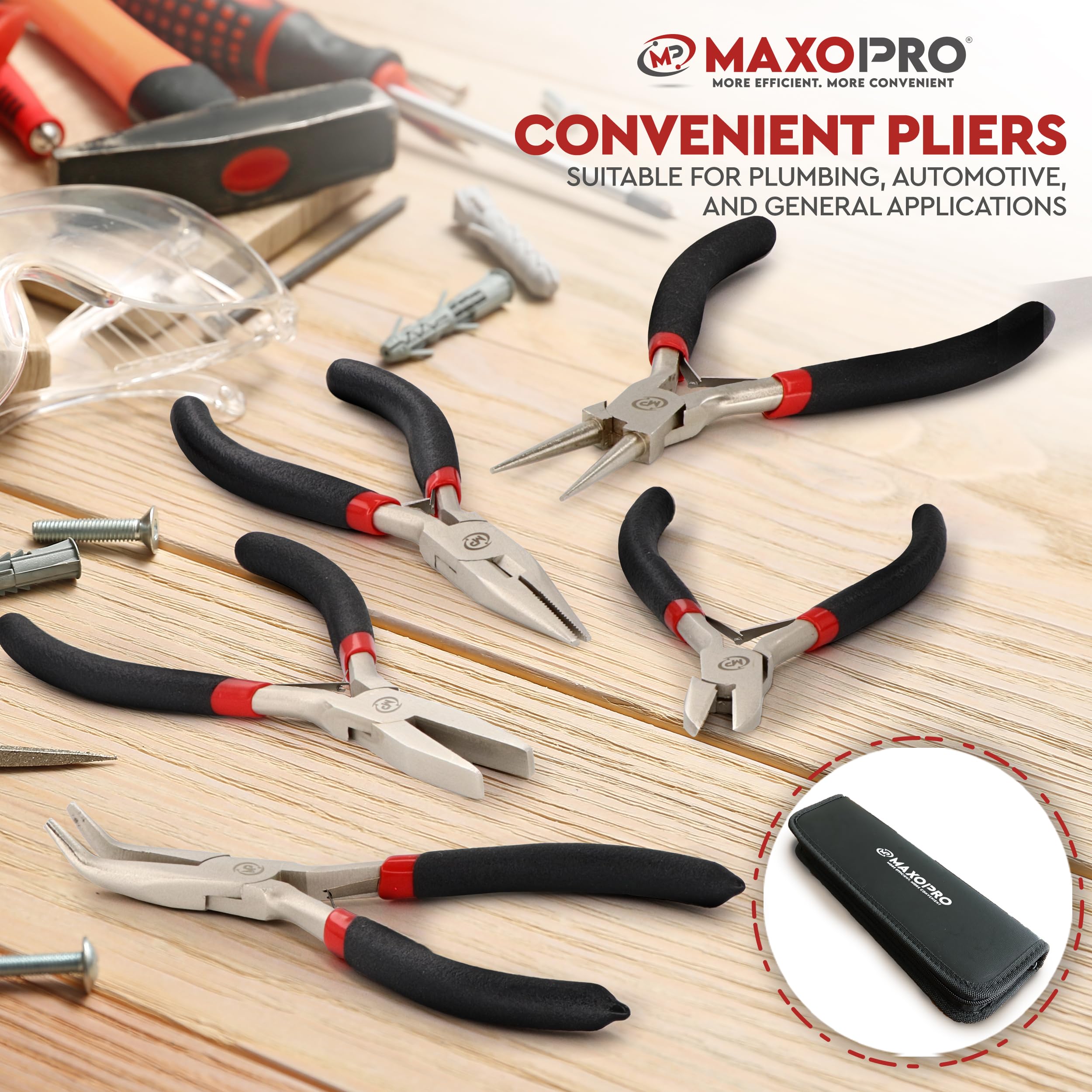 Premium Needle Nose Pliers Set β 5Pcs Anti-slip Comfort Grip Small Pliers Set - Round Nose, Toothless Needle Nose, Flat Nose, Diagonal & Toothed Needle Nose Pliers for Jewelry Making - By MaxoPro