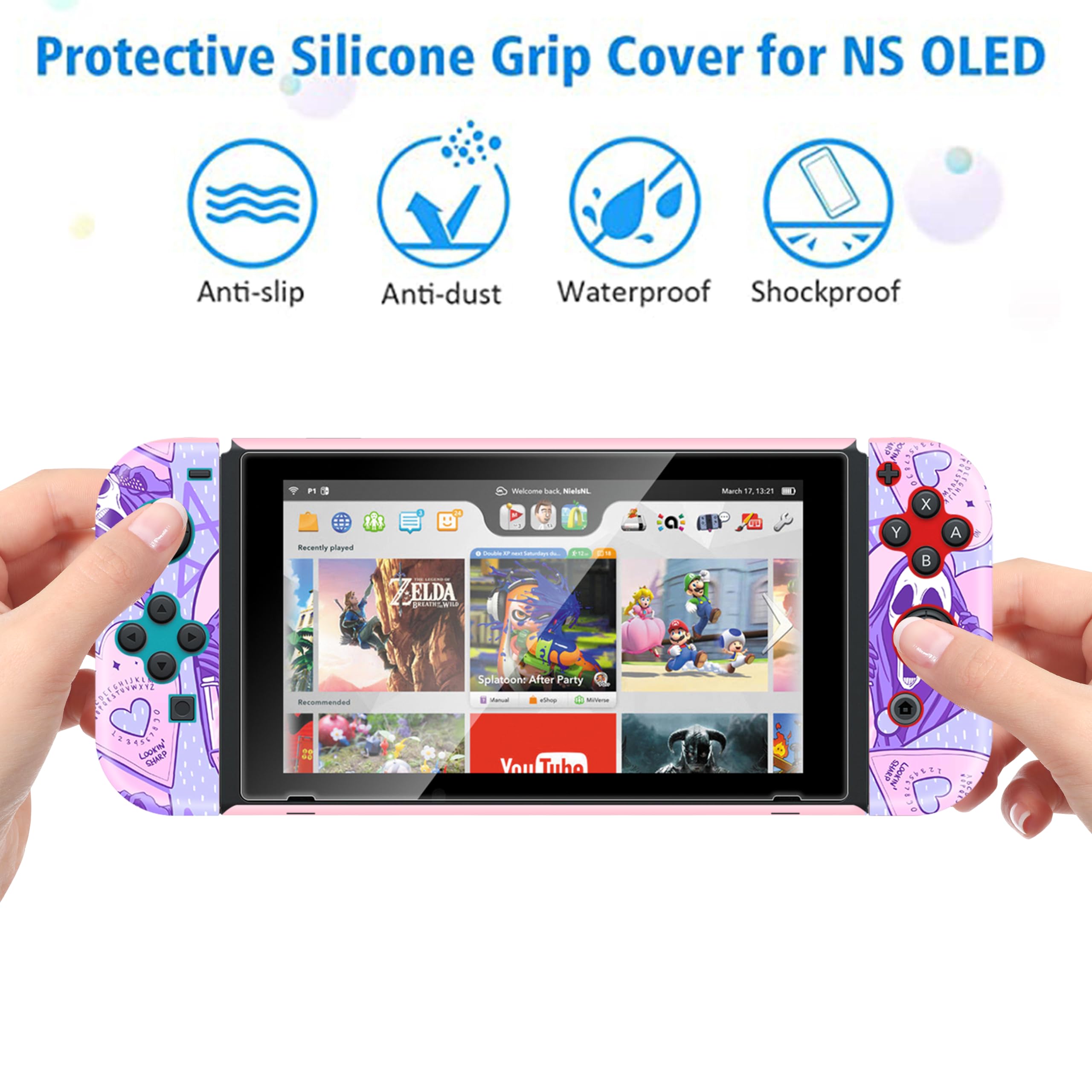 Oqplog Ghost Case for Nintendo Switch OLED 2021 Skeleton Skull Cool Design Character Fashion Scratch Resistant Cases Hard Shell Cover for Girls Kids Boys Men for Switch OLED,Pp