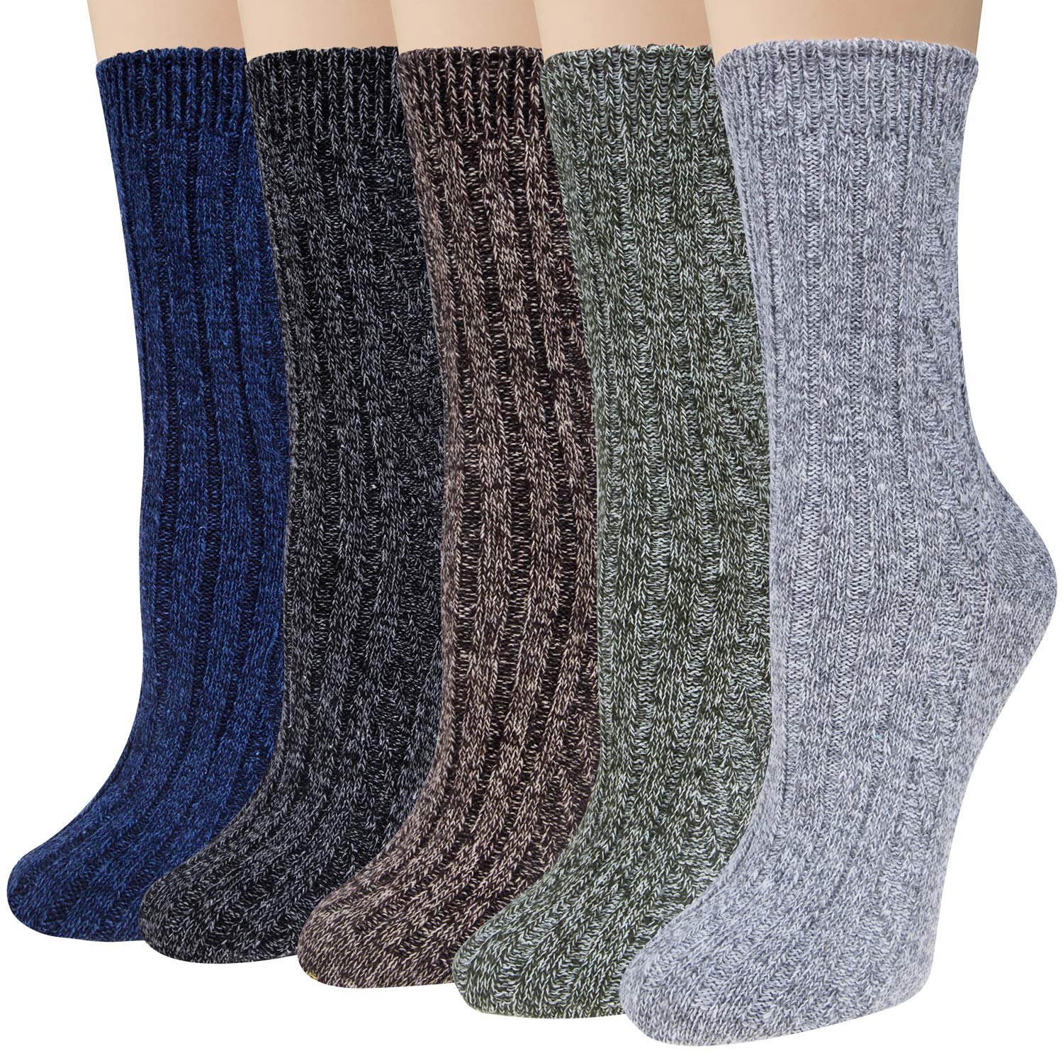 Justay 5 Pairs Womens Wool Socks Vintage Warm Winter Socks Thick Cozy Socks Knit Casual Crew Socks Gifts for Women (Solid Stripe 02)