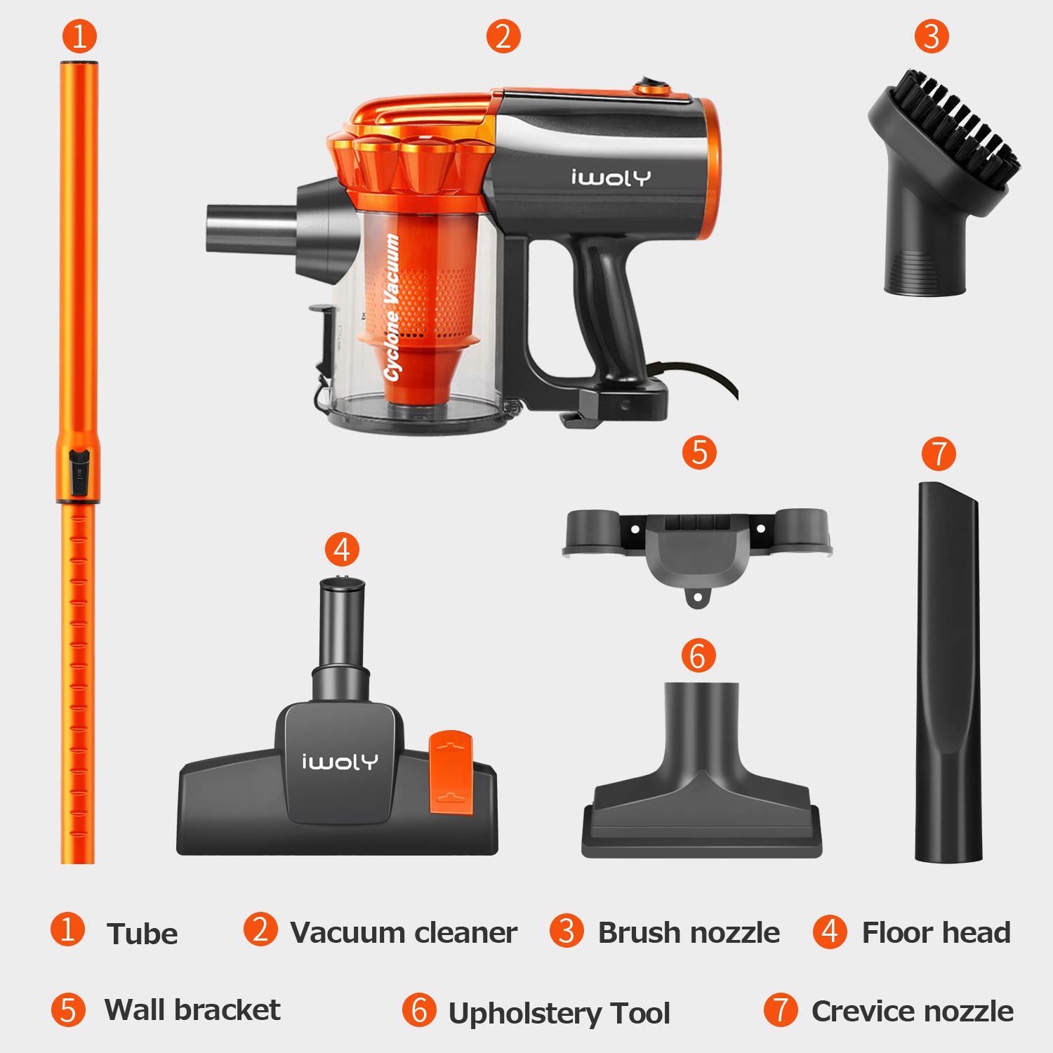 iwoly V600 Vacuum Cleaner Corded Bagless Stick and Handheld Vacuum for Hard Floor (Orange)