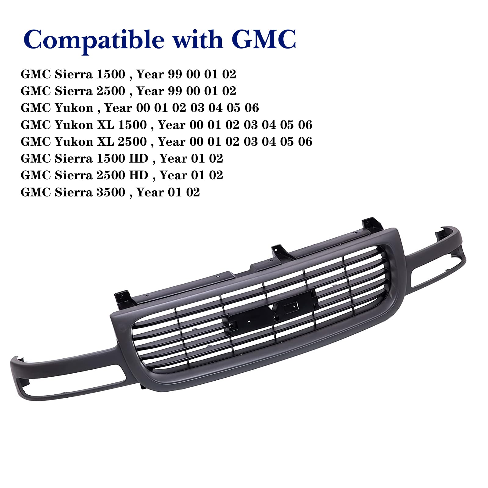 JustDrivably Front Grille Grill Compatible With 1999-2002 GMC Sierra 1500 2500/2001-2002 Sierra 1500HD 2500HD 3500HD /2000-2006 Yukon