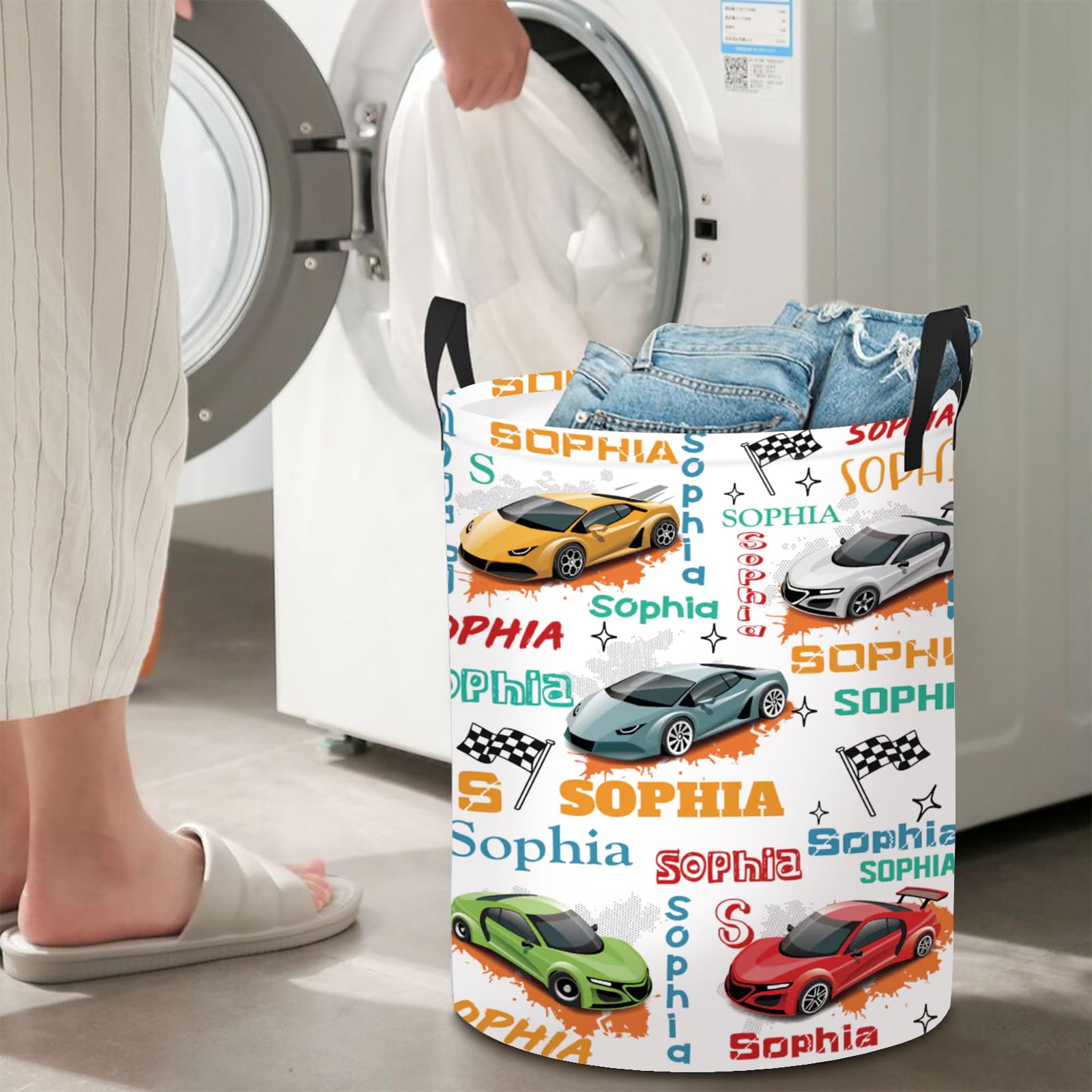 Rucekia Custom Name Truck Laundry Baskets for Nursery, Personalized Baby Boy Laundry Basket with Name, Customize Baby Name Laundry Hamper Kids Storage Organizer 2 Sizes