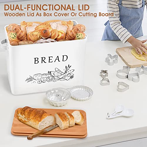 TeamFar Bread Box with Wooden Lid, 13.1β x 7.2β x 9.7β Metal Bread Container Storage Holder for Family Farmhouse Kitchen Countertop, Powder-Coated & Healthy, Large Capacity & Classic Pattern (White)