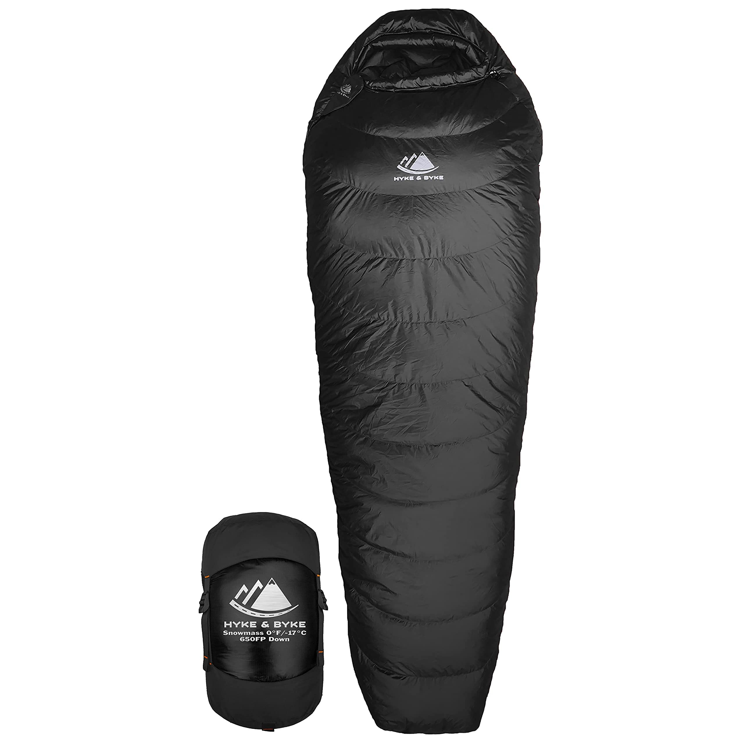 Hyke & Byke Snowmass 0°F Cold Weather Mummy Hiking & Backpacking Sleeping Bag - Duck Down 650 FP 4 Season Sleeping Bags for Adults - Ultralight with Compression Stuff Sack (Black, Long)
