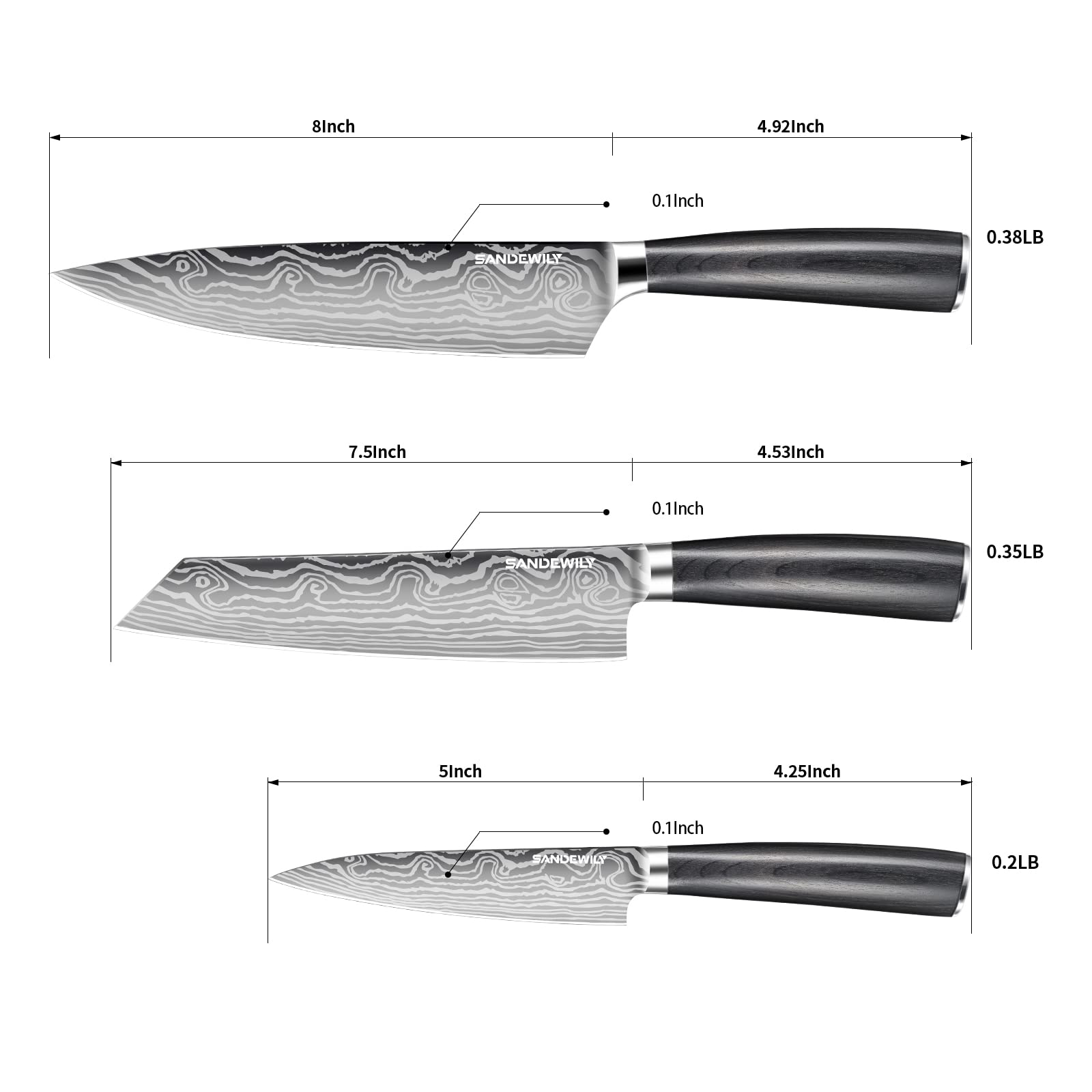 SANDEWILY 3 Piece Japanese Ultra Sharp Kitchen Chef Knife Set Pro German High Carbon Stainless Steel(7CR17MOV) with Sheaths & Gift Box Black Handle