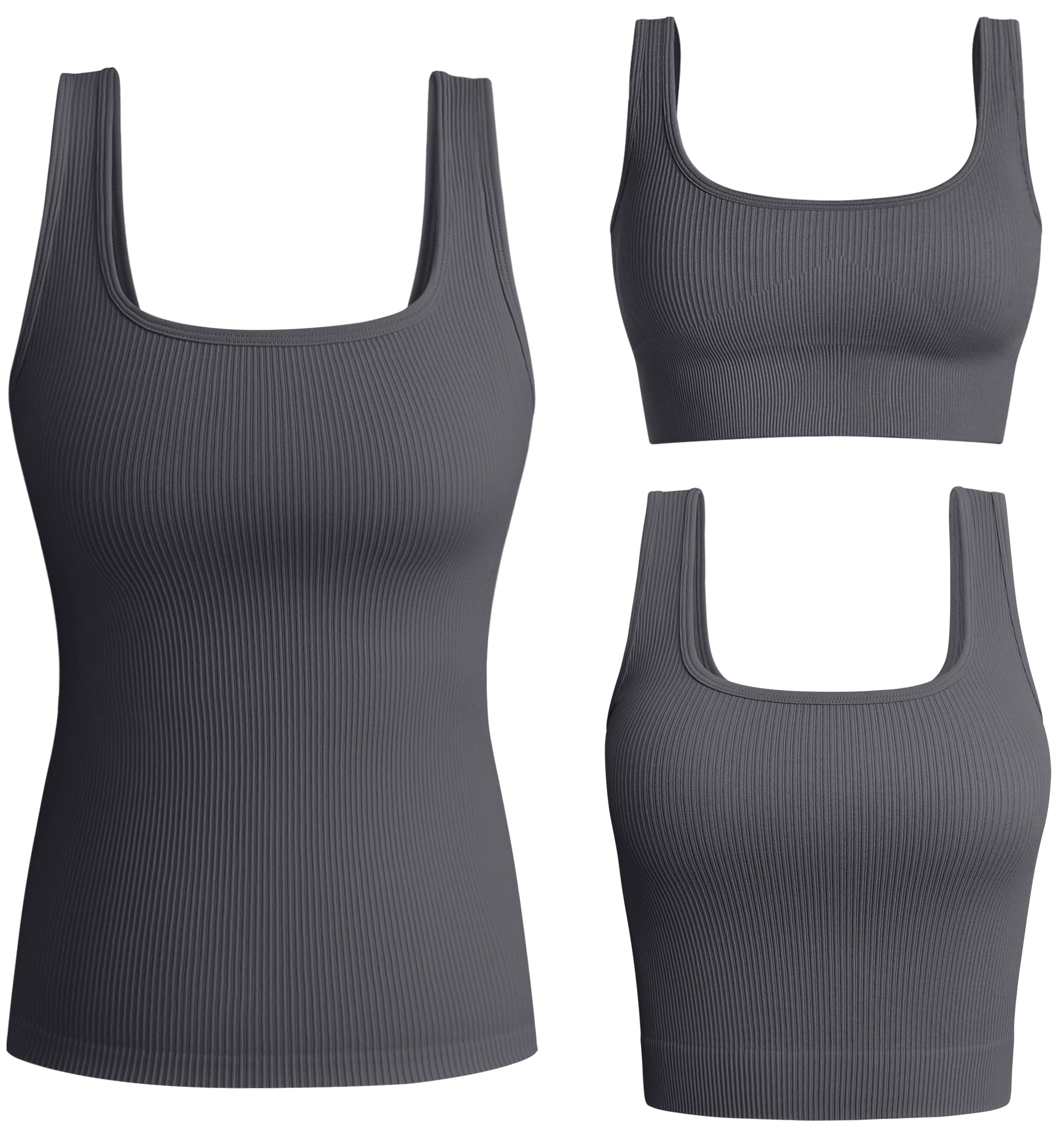 OQQ Women's 3 Piece Tank Tops Ribbed Seamless Workout Exercise Shirts Yoga Tops Grey