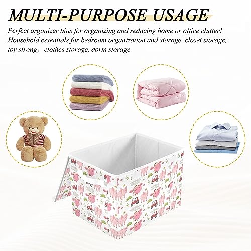 Krafig Foldable Storage Box Large Cube Organizer Bins Cute Farm Cow Pig Containers Baskets with Lids Handles for Closet Organization, Shelves, Clothes, Toys