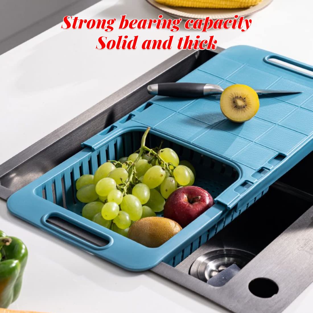 Multifunctional Chopping Board, Plastic Kitchen Sink Strainer with Stoarge Basket 3 in 1 for Cutting Washing Draining (Off White)