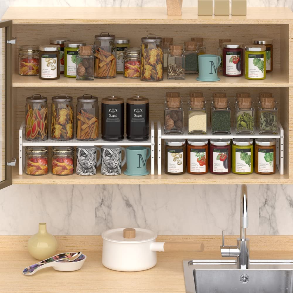 MIYUPTC Expandable Counter Organizer Shelf (16.5'' to 27.2''), Countertop Organizer Kitchen Bathroom Pantry Cupboard Home Office for Cups, Dishes, Plates -White