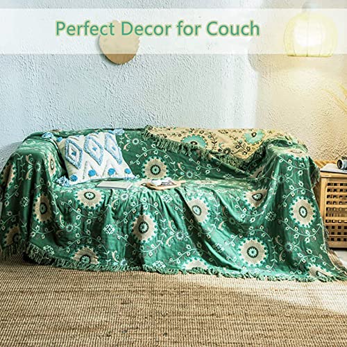 Skrmisda Bohemian Throw Blanket, Boho Blankets 90x98 Inch King Cotton Reversible Ultra Soft Light Quilt Comfy Cozy Bedding Coverlet Sofa Throw(Green+Beige)