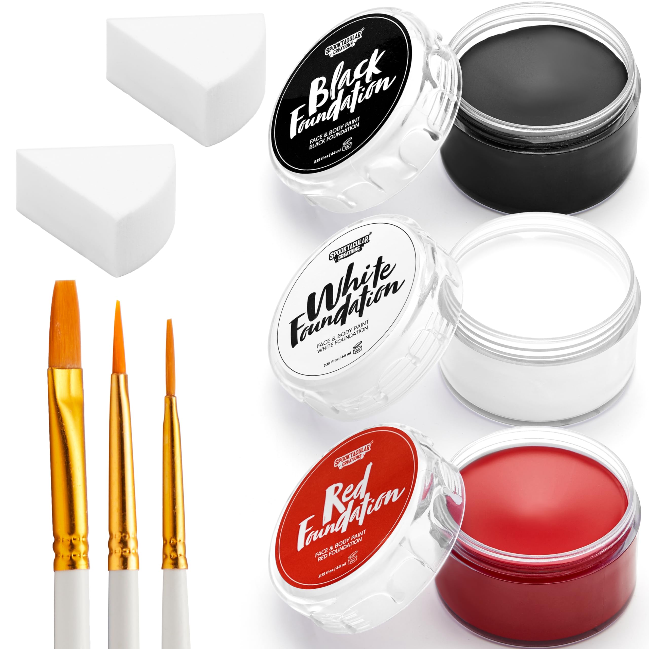 Spooktacular Creations 8 PCS Halloween Makeup Kit 3 Face Body Paint Oil Based Foundation Set with 3 Painting Brushes, 2 Sponges for Halloween Clown SFX Zombie Skeleton Cosplay( White Black Red )