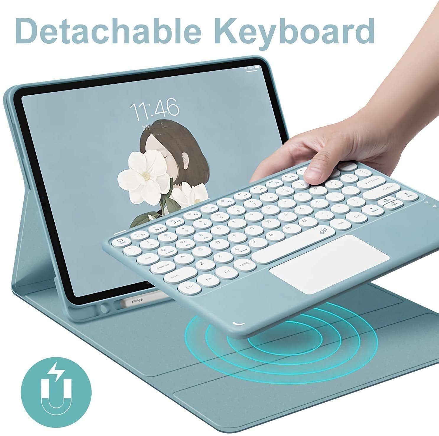QIYIBOCASE Trackpad Keyboard case for iPad 10th Generation 2022, Folio Smart Cover with Pencil Holder, Round Key Magnetically Detachable Touchpad Keyboard for 10.9 inch iPad 10 (Blue)